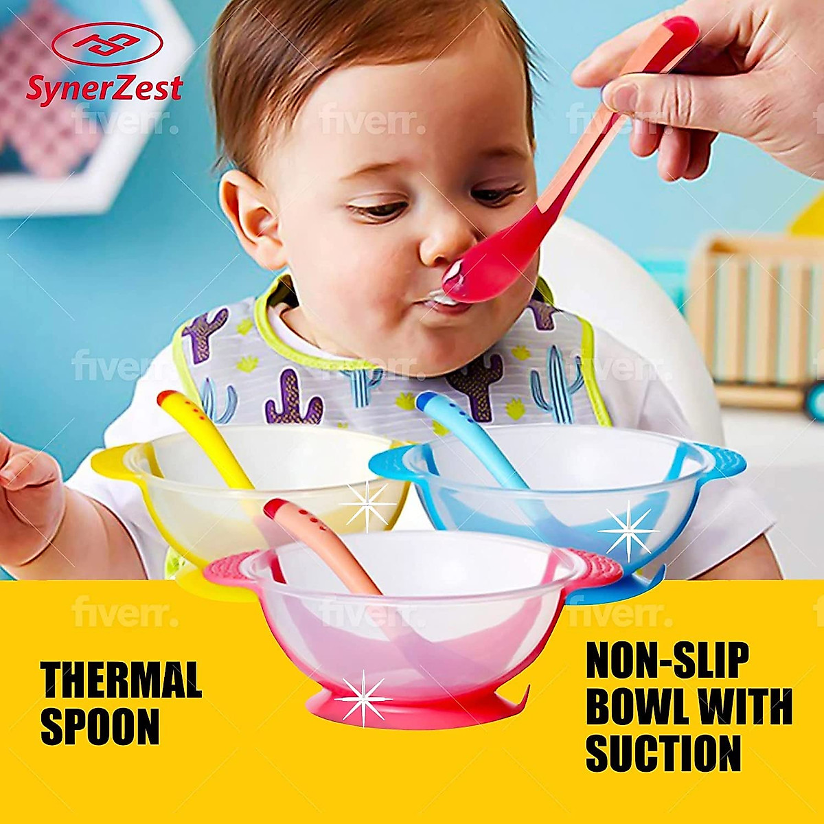 Baby Food Bowl with Thermal Spoon-Holder Cover, Full Silicon Base. (Laboratory Tested Bowl) Toddler Bowl NOT Too Soft/Durable/Quality/Safe for Infant and Elderly (9 Pieces, 3SETS)