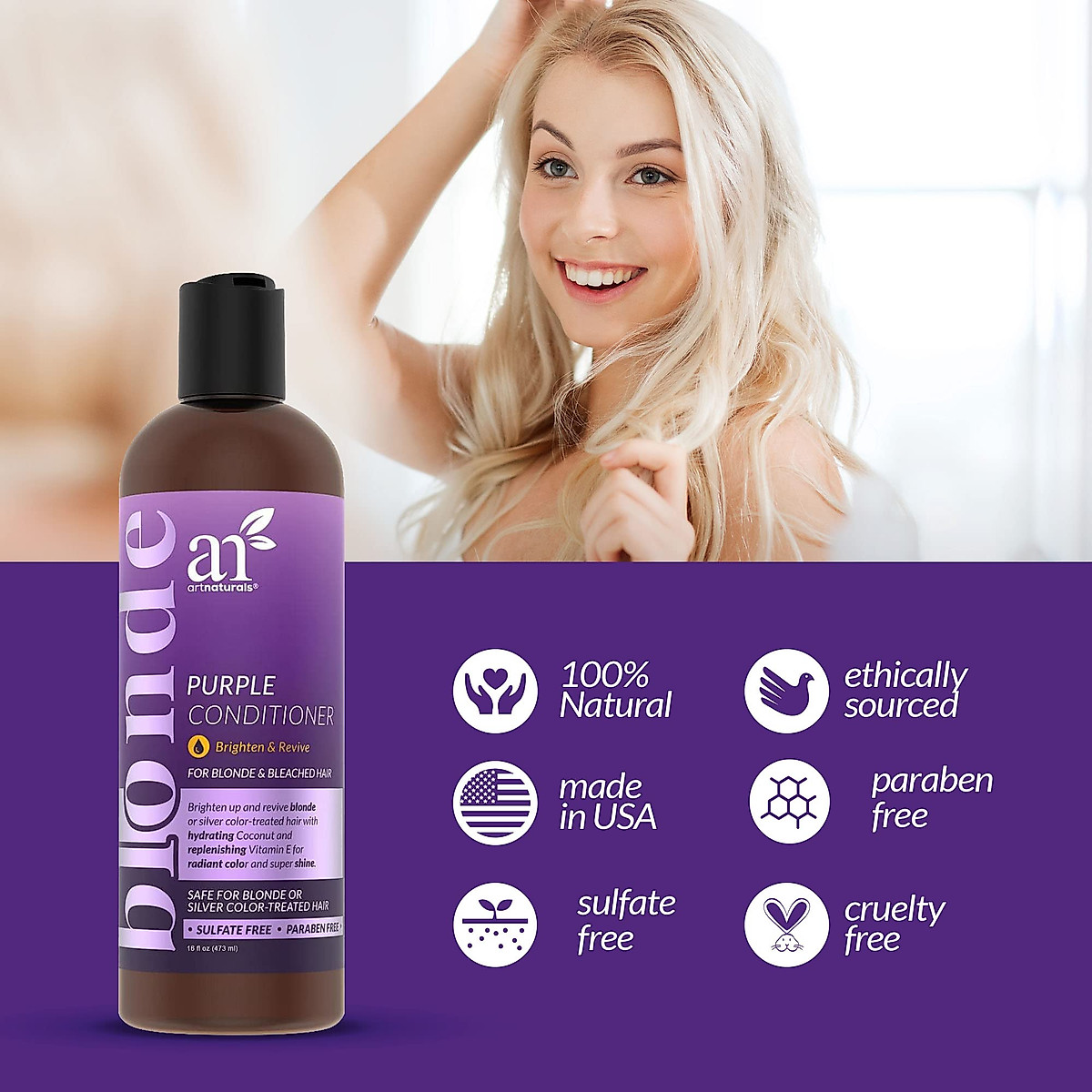 Artnaturals Purple Conditioner for Blonde Hair – (12 Fl Oz / 355ml) – Protects, Balances and Tones – Bleached, Color Treated and Silver Hair - Sulfate Free.