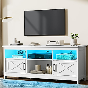 YITAHOME Farmhouse TV Stand with Power Outlet, LED Light Entertainment Center for TVs up to 65 Inch, TV Cabinet with Storage, Rustic Media Console for Living Room, 59" White