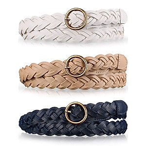 SATINIOR 3 Pcs Women's Braided Leather Belt Skinny Woven Braided Belt O Ring Buckle Leather Belt for Dress Jean Skirt Pant (Khaki, White, Navy Blue)