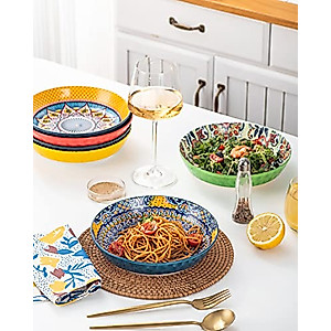 HENXFEN LEAD Pasta Salad Bowls Set of 6, Wide and Shallow Serving Dishes 27 Oz - 8 Inch Porcelain Soup Plates for Dinner, Kitchen and Eating - Bohemian style