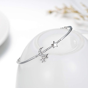 AOBOCO Sterling Silver Crescent Moon Star Bangle Bracelet Embellished with Crystals from Austria, Hypoallergenic Silver Moon Jewelry Anniversary Birthday Gifts for Women Wife(New Version)