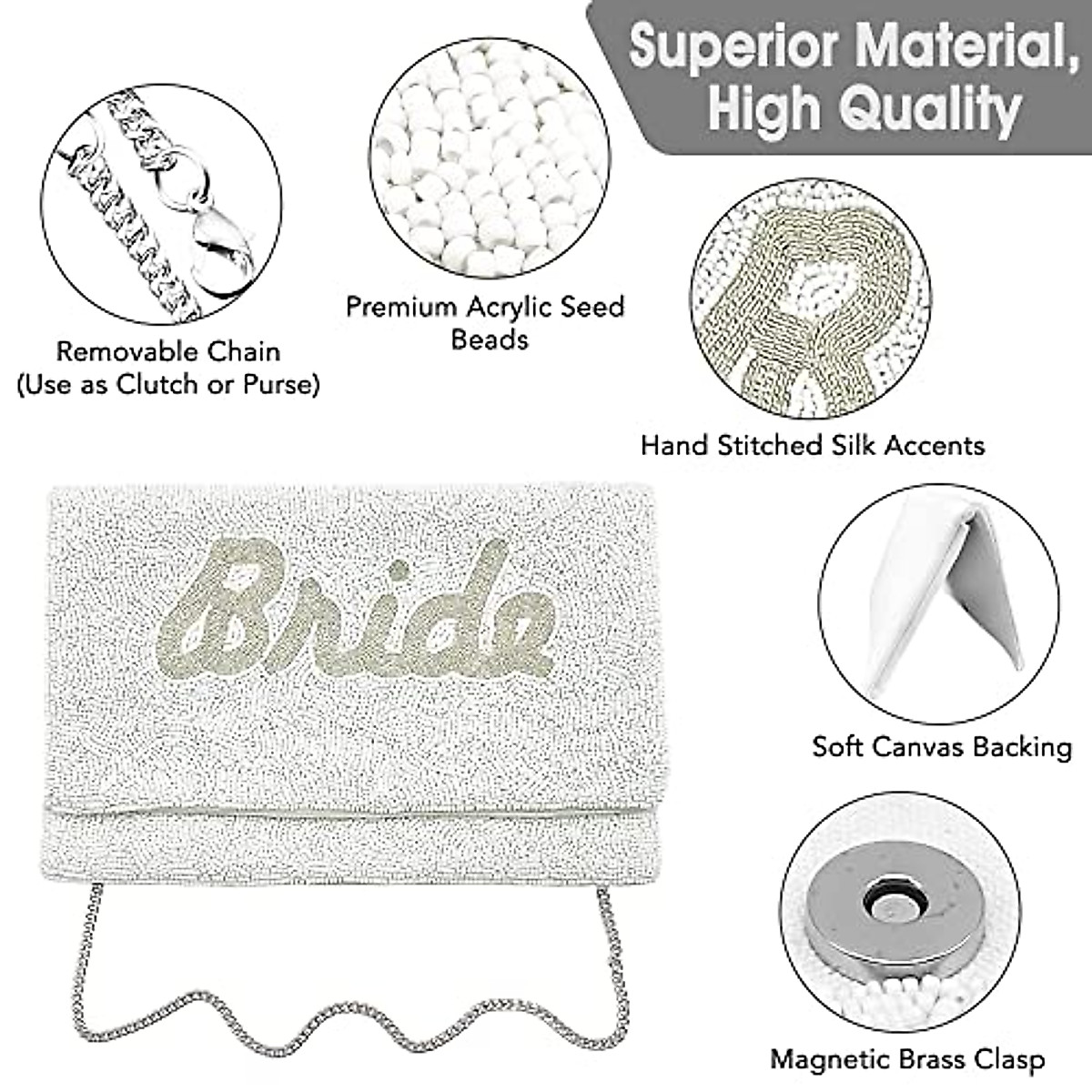 Bride Clutch Purse Bridal Shower Gift for Bride White Purse with Silver Letters THE BEADED LILY White Bride Clutch With Silver Letters