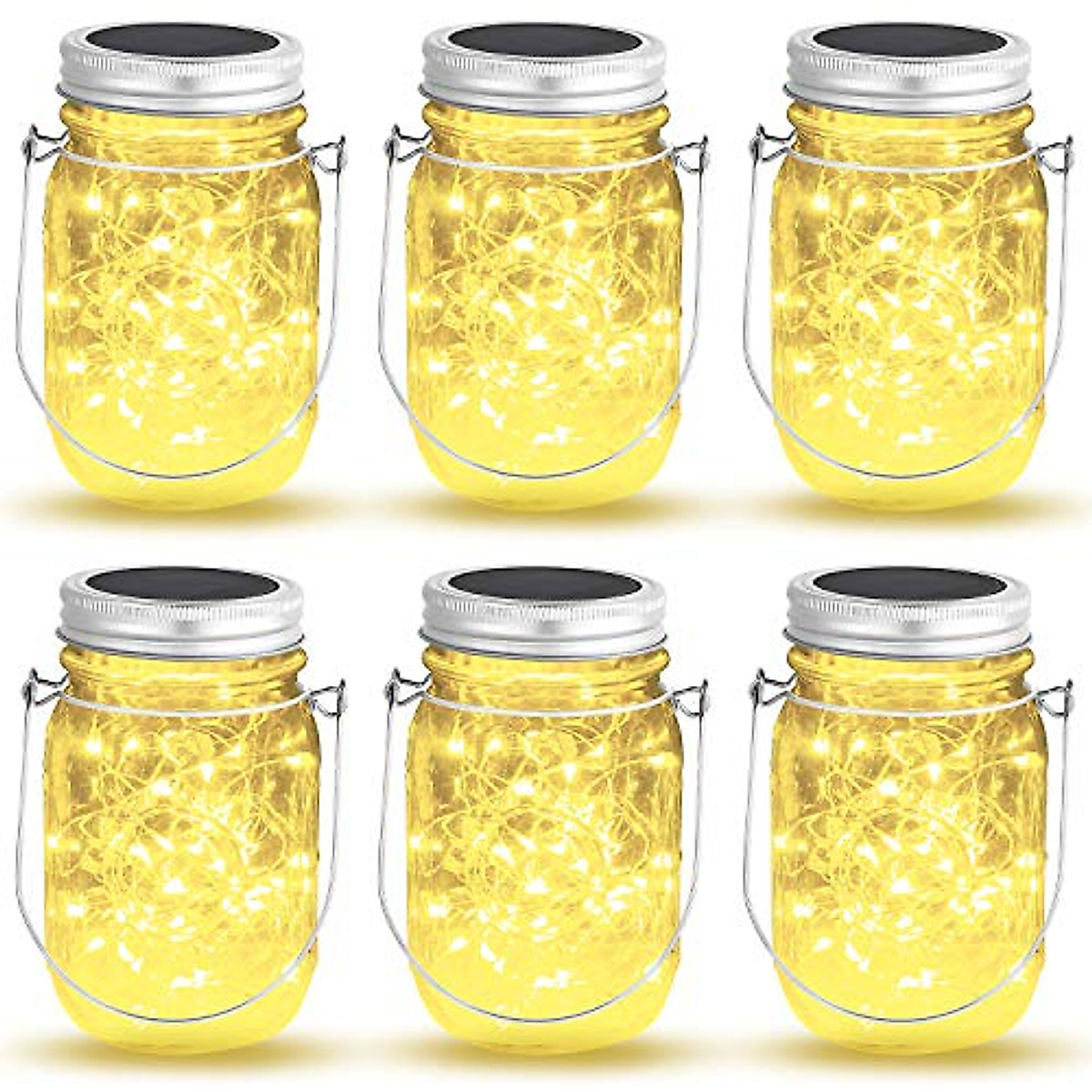 Mason Jar Solar Lights 40 LED, 6 Pack Fairy Hanging Solar Lights Outdoor with Jars and Hangers, Waterproof Decorative Solar Lanterns for Home Garden Patio Party Wedding Christmas, Warm White