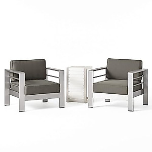 Christopher Knight Home Cape Coral Outdoor Aluminum Club Chairs with Side Table, Khaki / Silver