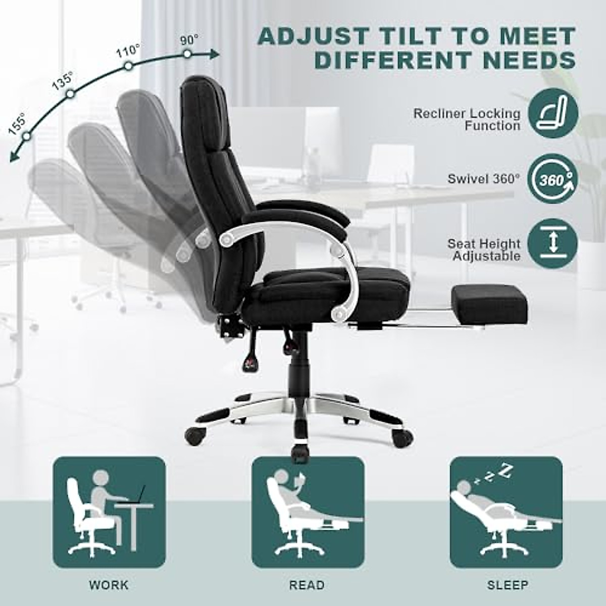 Savourseat Ergonomic Computer Desk Chair Executive Office Chair Fabric with Footrest and Padded Armrest Office Chair (Black)