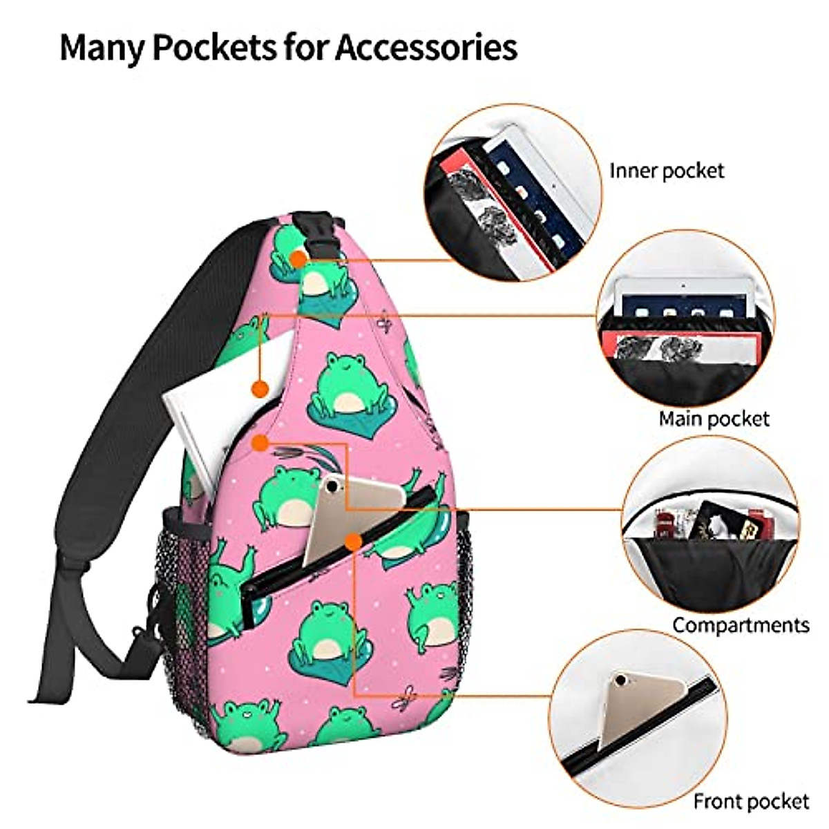 NiuKom Cute Green Frogs Pink Crossbody Bags for Women Trendy Sling Backpack Men Chest Shoulder Bag Gym Cycling Travel Hiking Daypack