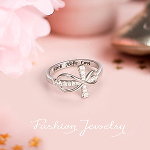 DAOCHONG Inspirational Jewelry 925 Sterling Silver Engraved Faith Hope Love Cubic Zirconia Cross Infinity Ring, Size 7