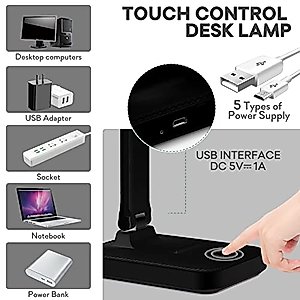 candyfouse LED Desk Lamp with Touch Control, Reading Lamp No Flicker, 3 Color Modes, Foldable Table Lamp, Eye Caring Reading Light for Office, Home, Dormitory, USB Interface DC5V 1A(Black)