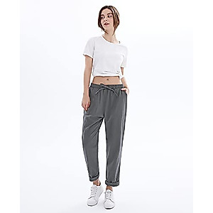 Women's Drawstring Linen Cropped Pants Women Summer Elastic Waist Soft Cotton Pant (Grey-901, XX-Large)