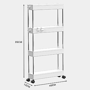 Camidy Rolling Storage Cart, 4-Tier Bathroom Organizer Utility Cart Laundry Room Organization Mobile Shelving Unit with Hooks, Lockable Wheel for Kitchen Bedroom Office
