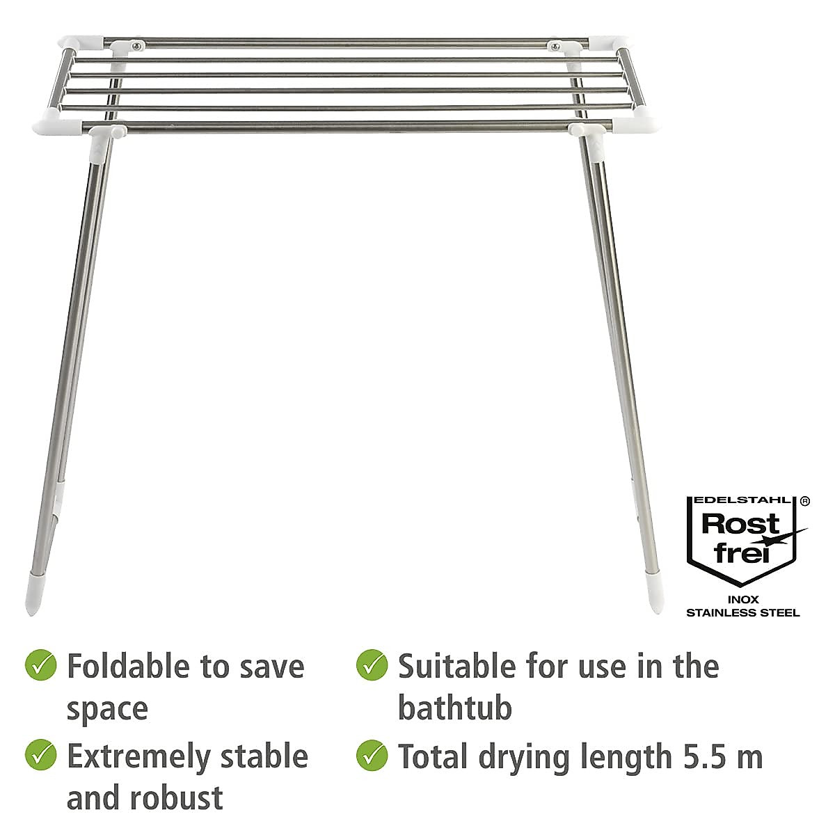 WENKO Clothes Drying Rack, Collapsible Laundry Rack, Indoor and Outdoor Drying Rack, Garment Drying Rack for Balcony, Bathroom, Bedroom, Stainless Steel, 34.3 x 31.1 x 15.4 in, Silver Matt