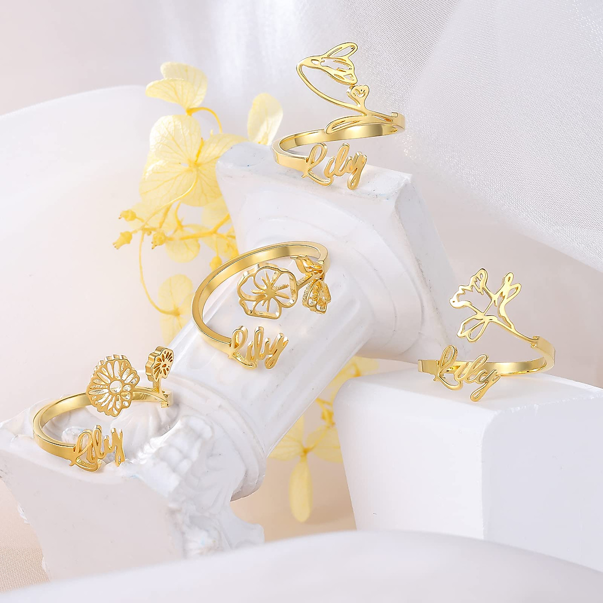 Personalized Name Ring for Women, Custom Adjustable Birth Flower Ring with Names Promise Birth Flower Ring for Her Gift for Women BFF (Gold)