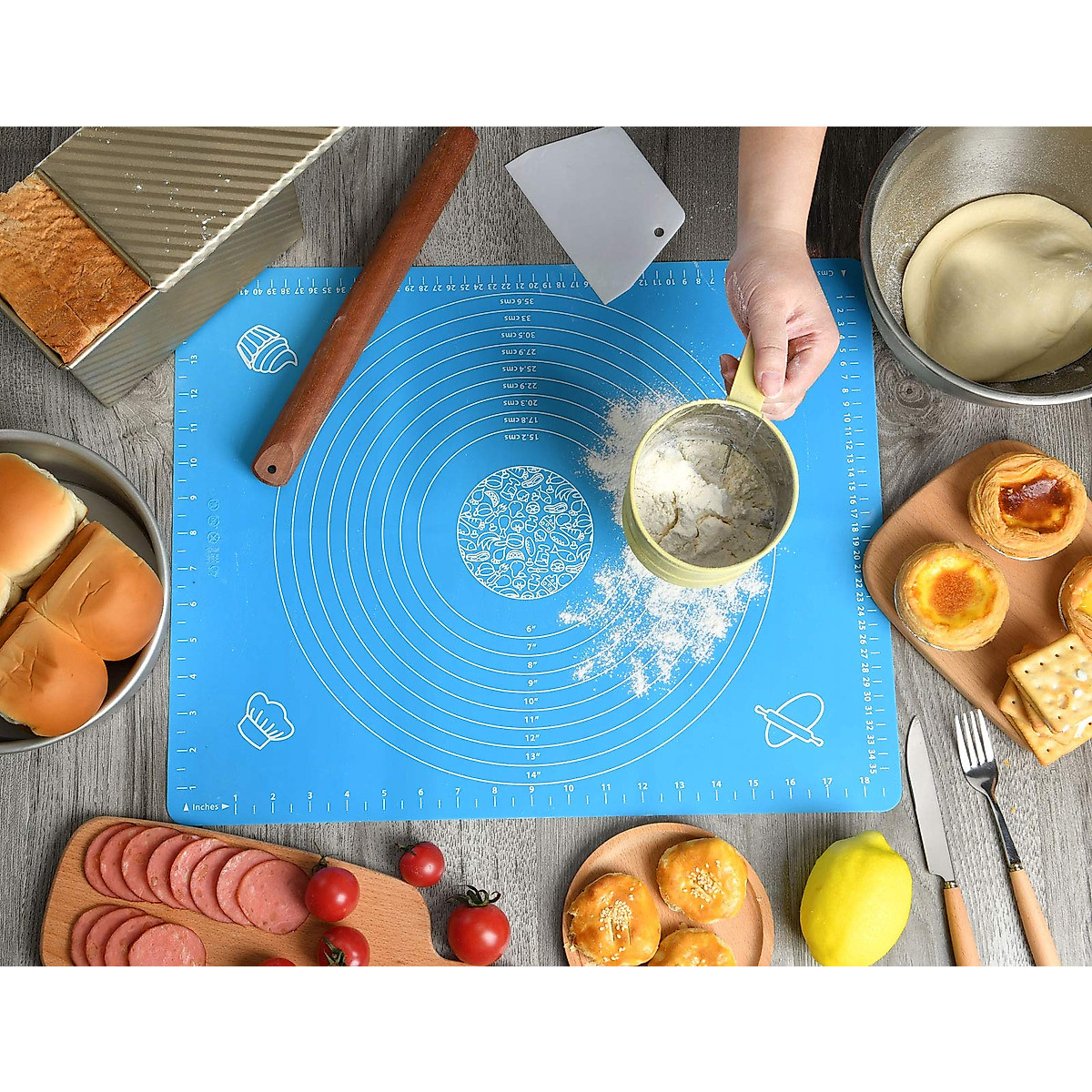 Silicone Pastry Mat for Rolling Dough Non Slip Extra Large, Nonstick Pastry Baking Mat with Measurements, Silicone Dough Rolling Mat with Dough Scraper (26" x 18", Blue)