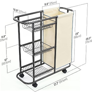 Doxbom Rolling Laundry Sorter Cart Gray Laundry Basket with Heavy Duty Wheels Movable Bathroom Slim Organizer Laundry Storage Baskets 3-Tier Storage Shelves with 1 Bag for Clothes