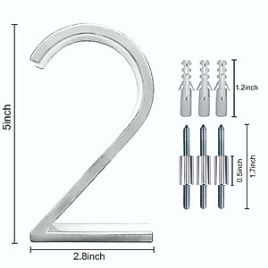 5" Zinc Alloy Floating House Number, Metal Modern House Numbers, Garden Door Mailbox Number Sign with Nail Kit, Coated Glossy Silver, Durable Visibility Signage,2