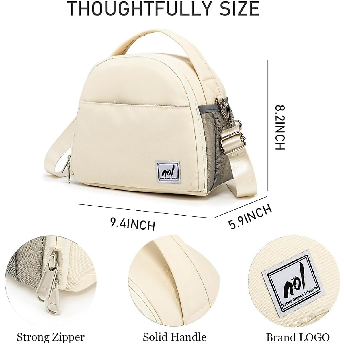 NOL Natural Organic Lifestyle Lunch Bag Insulated Cooler Bag for Women Nylon Waterproof Lightweight Lunch Box Organiser (Cream)