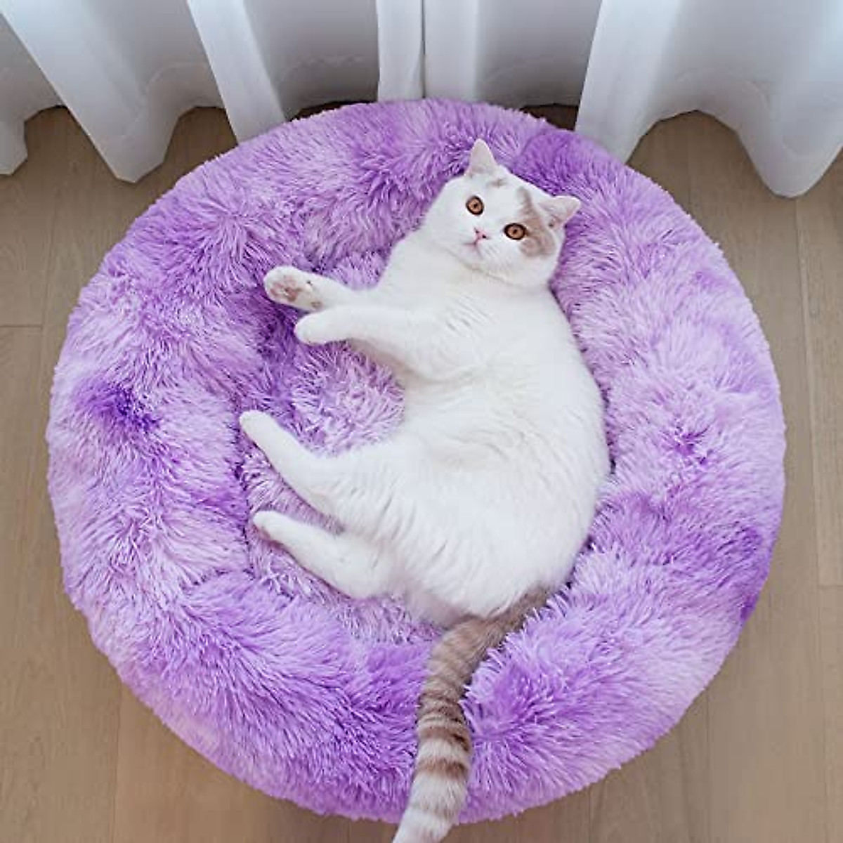 Patas Lague Calming Dog Bed for Small Dogs, Fluffy Soft Cozy Cat Bed, Faux Fur Anti-Anxiety Plush Washable Pet Donut Cuddler for All Seasons 20IN, Purple