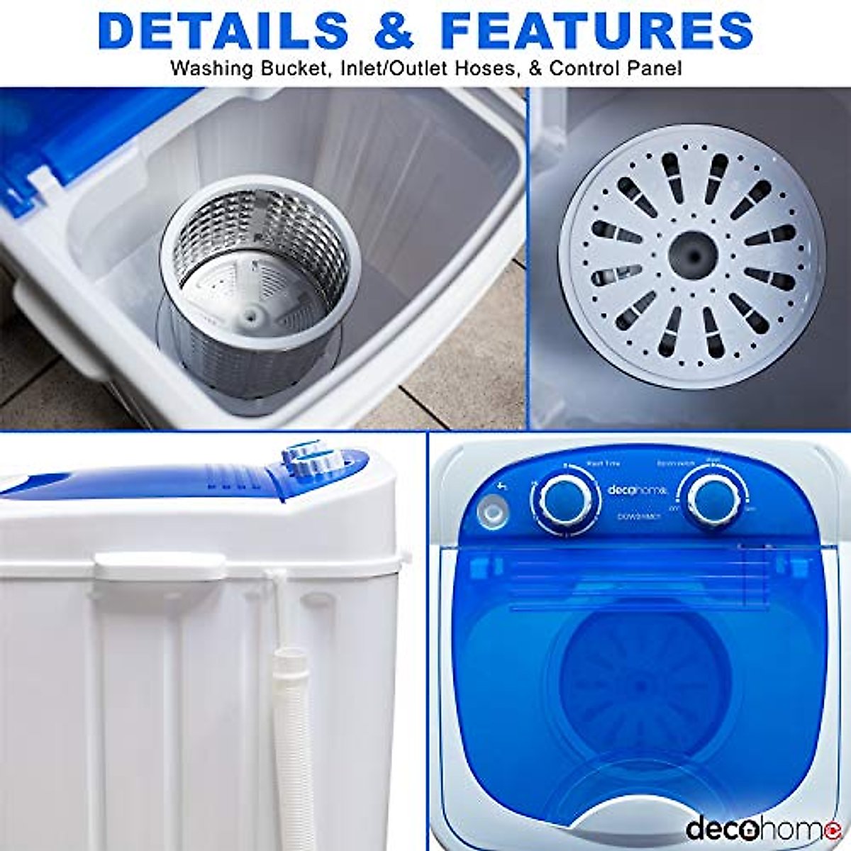 Deco Home Portable Washing Machine for Apartments, Dorms, and Tiny Homes with 8.8 lb Capacity, 250W Power, Wash and Low Agitation Spin Cycle, Includes Drainage Hose, ETL Certified