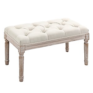 HOMCOM 32" Vintage Ottoman, Tufted Foot Stool with Upholstered Seat, Rustic Wood Legs for Bedroom, Living Room, Beige