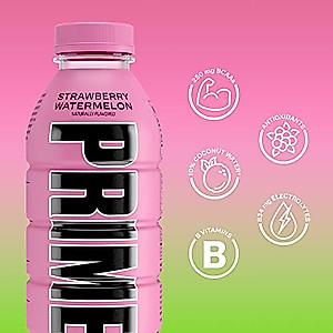 Prime Hydration Drink Sports Beverage "STRAWBERRY WATERMELON," Naturally Flavored, Caffeine Free, 10% Coconut Water, 250mg BCAAs, B Vitamins, Antioxidants, 834mg Electrolytes, Only 20 Calories per 16.9 Fl Oz Bottle (Pack of 12)