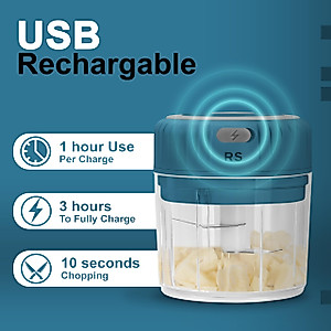 Real Simple Electric Mini Food Processor | Great for Garlic, Onion, Ginger, Jalapeño, Mini Chopper for Quick Food Prep Station | Portable USB Charging, 250 ML Food Container | Blue