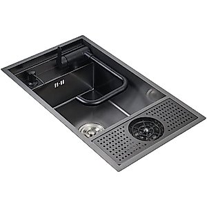 Bronstarz Nano Black 23 Inch Hidden Kitchen/Bar/Cafe/RV/balcony 304 Stainless Steel Sink with Foldable Faucet and Glass Rinser Set (23 * 12.6 * 8.3 INCH), Large, Bar1-5832-Black