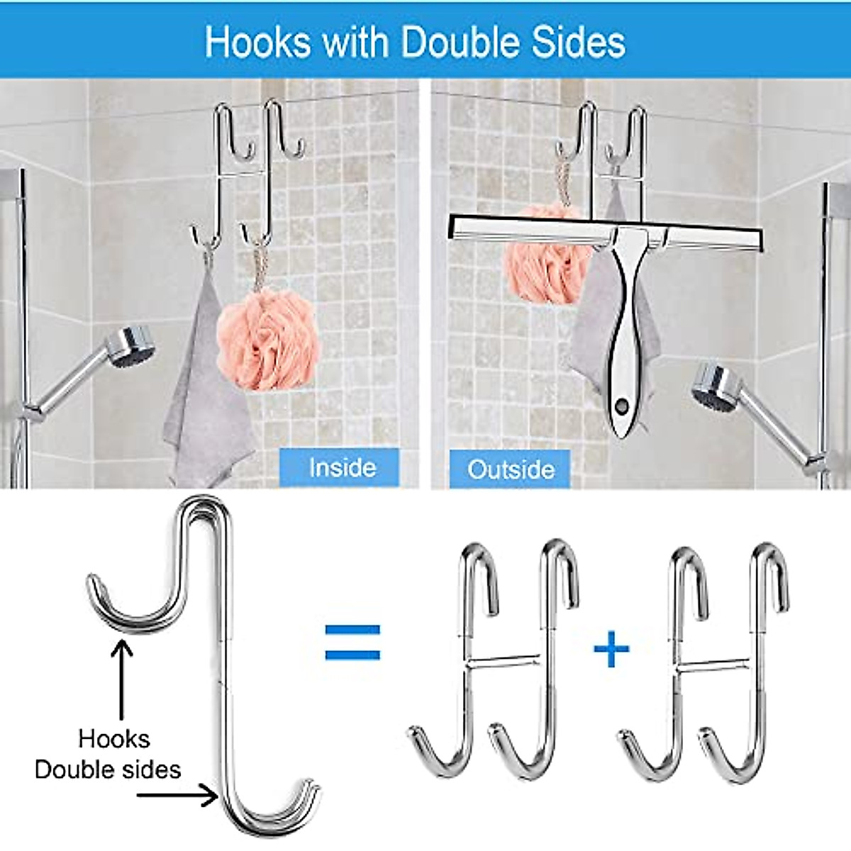 Shower Glass Door Hook, Over The Glass Shower Hook for Loofah, Squeegees, Towel Hanger for Bathroom, Double Sided 2 Pack, No Screw in Shower Hooks, Stainless Steel, Silver (Shower Door Hooks-7 inch)