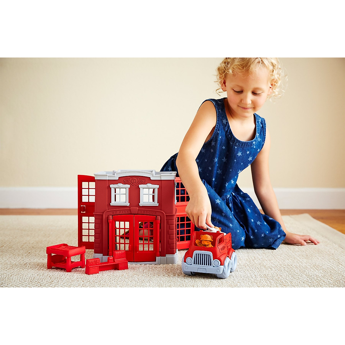 Green Toys Fire Station Playset - 8 Piece Pretend Play, Motor Skills, Language & Communication Kids Role Play Toy. No BPA, phthalates, PVC. Dishwasher Safe, Recycled Plastic, Made in USA.