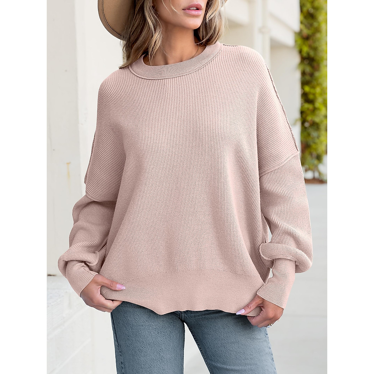 ANRABESS Women Crewneck Batwing Long Sleeve 2024 Fall Oversized Side Slit Ribbed Knit Pullover Sweaters Top Cozy Outfits Pink Small
