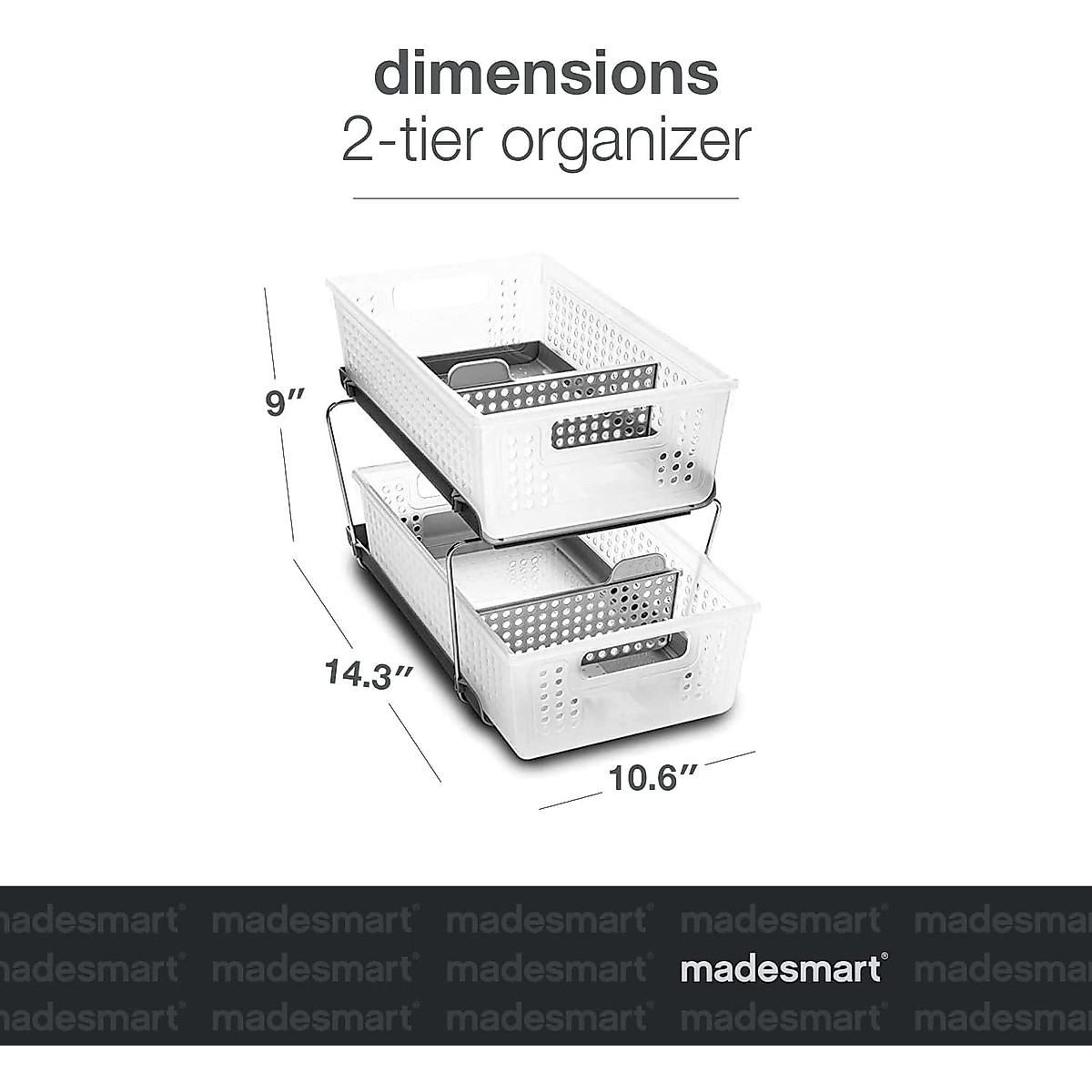 madesmart 2-Tier Organizer, Multi-Purpose Slide-Out Storage Baskets with Handles and Dividers, Frost