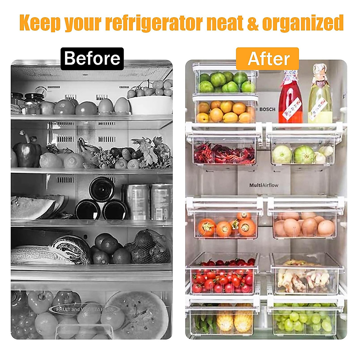 URALFA 2 Pack Fridge Drawer Organizer, Refrigerator Drawers for Fruit and Vegetable, Refrigerator Organization and Storage Box, Transparent Pull Out Drawer Fit for Fridge Shelf Under 1.1"