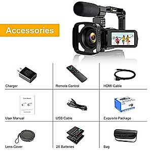 Video Camera Camcorder UHD 2.7K 30FPS 36MP IR Night Version Vlogging Camera Recorder 3.0 Inch Touch Screen 16X Digital Zoom Camera with Microphone, Handheld Stabilizer, Lens Hood, Remote, 2 Batteries