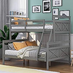 Oudiec Twin Over Full Bunk Bed with Ladder & Safety Guardrail & Can Be Separated into 2 Beds,for Dorm, Kids Bedroom, Solid Pine Wood Bedframe, Space Saving Design & No Box Spring Needed, Grey