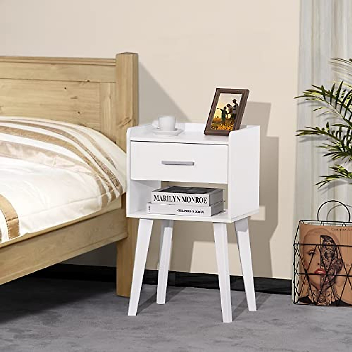 Lerliuo White Nightstand, Modern Bedside Table with Drawer, Wood End Table for Small Space, Side Table with Storage, Night Stand for Bedroom/Living Room/Dorm 26.38''H