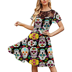 Women's Halloween Dress Day of The Dead Swing Dresses Retro Lace Rockabilly Fit Flare Dress XL