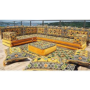 Yellow L Shaped Floor Couch, Sectional Sofa Set, Floor Pillow, Arabic Majlis, Moroccan Livingroom Cushion, 8" Thick Corner Floor Seating Set (L Sofa + Rug + Poufs)