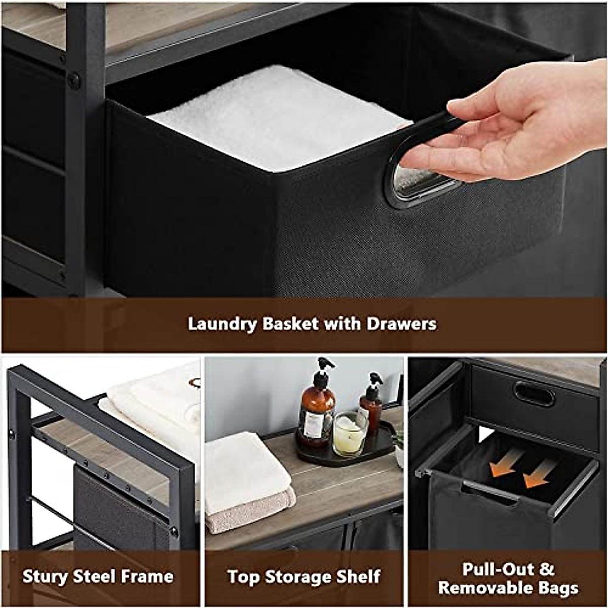 CUANBOZAM Laundry Hamper Cart, 130L Laundry Basket Laundry Sorter 2 Section, Removable Laundry Bags, Pull-Out Laundry Sorter, Metal Frame, Clothes Hamper for Bathroom, Dorm, Laundry Room