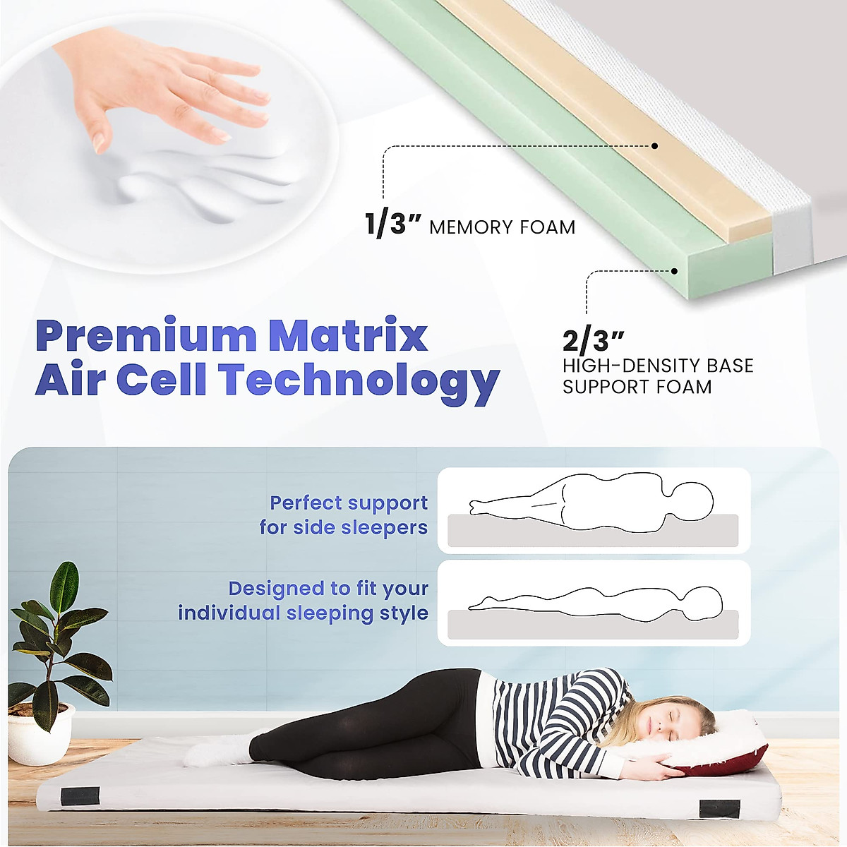 Matrix Cell 4 inch Queen Memory Foam Floor Mattress Pad, Roll Up Mattress, Guest Floor Mattress for Adults, Roll Away Bed for Sleepover, Sleeping Mat, Cot Mattress Pad, Heavy Duty Travel Cot