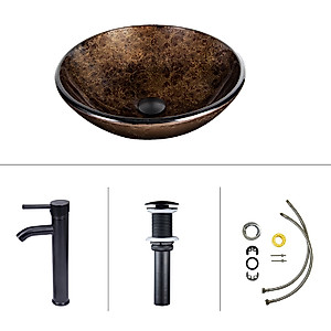 Puluomis 24 Inches Traditional Bathroom Vanity Set in Black Finish, Single Bathroom Vanity with Top and 2-Door Cabinet, Brown Glass Sink Top with Single Faucet Hole