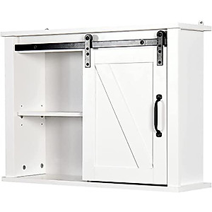 HONHPD Farmhouse Bathroom Wall Storage Cabinet, Over The Toilet Medicine Cabinet, Space Saving Sliding Barn Door Cupboard with Adjustable Shelves & Metal Handles, 27.2" L x 7.8" W x 19.7" H (White)