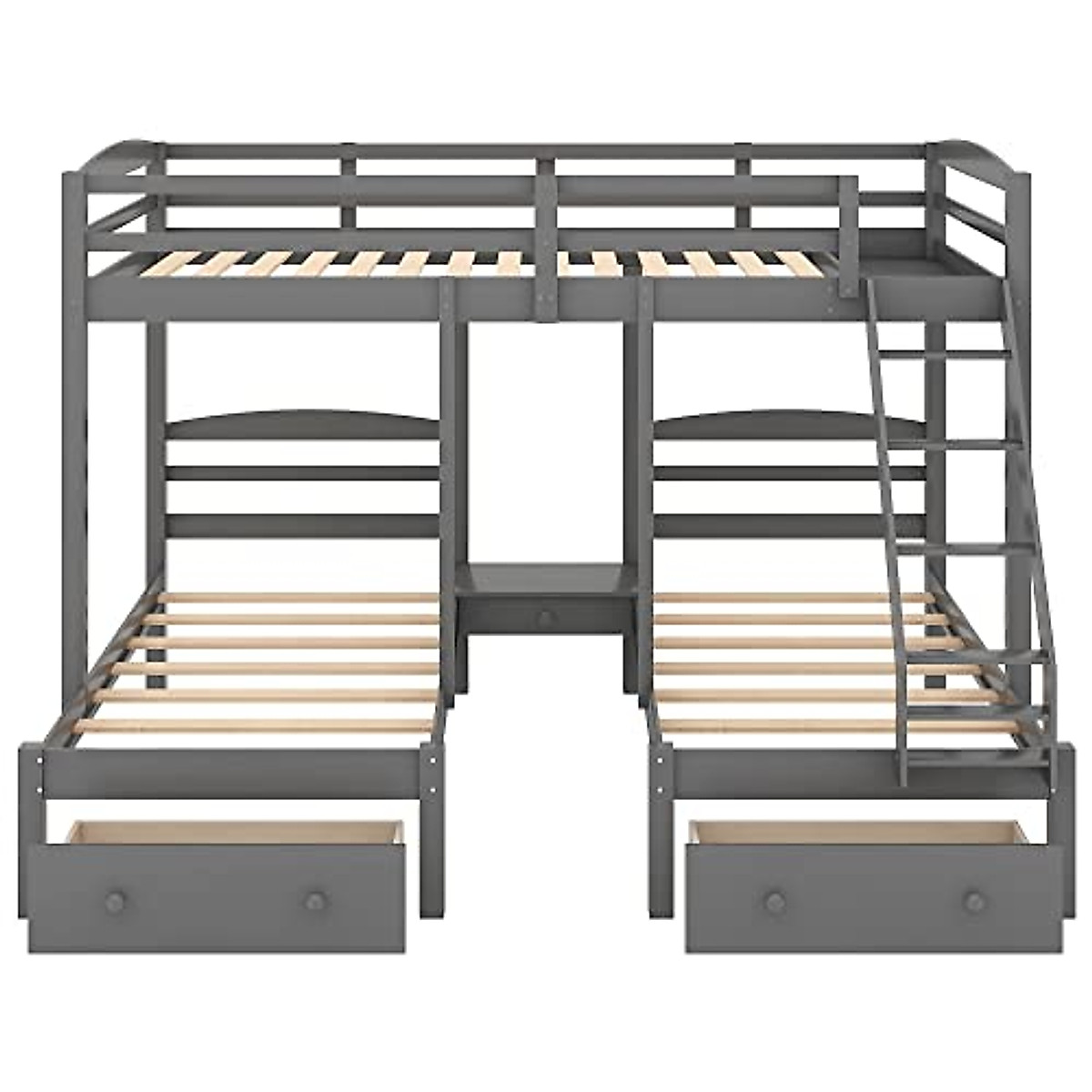 KoiHome Full Over Twin & Twin Bunk Bed with Full-Length Guardrail,Triple Bunk Bed with Built-in Drawers and Solid Slat Support for Teens Bedroom,Space-Saving Design, No Box Spring Needed, Grey