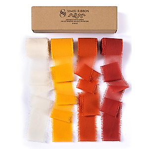 Fall Orange Chiffon Ribbon Handmade Frayed Fringe Sheer Boho Silk Ribbons for Gift Wrapping, Floral, Wedding Invitations, Bouquet, 1-1/2'' 5 Yards*4 Rolls