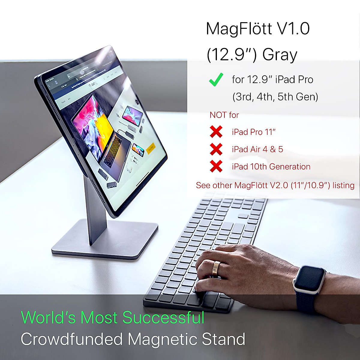 CharJenPro MagFlott V1.0 Magnetic Stand for iPad Pro 12.9”, iPad Air 13" M2 (2024). Gray. Successful Kickstarter Campaign. Includes 6’ USB C Curved Cable.