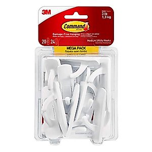 Command Medium Utility Hooks, Damage Free Hanging Wall Hooks with Adhesive Strips, No Tools Wall Hooks for Hanging Organizational Items in Living Spaces, 20 White Hooks and 24 Command Strips