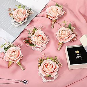 Sherr 20 Pcs Rose Wrist Corsage and Boutonniere Set Flower Wrist Corsage Wristlet Band Bracelet Bridegroom Men's Boutonniere Wedding Wristlet Hand Flower for Prom Party Bouquets Accessories (Pink)