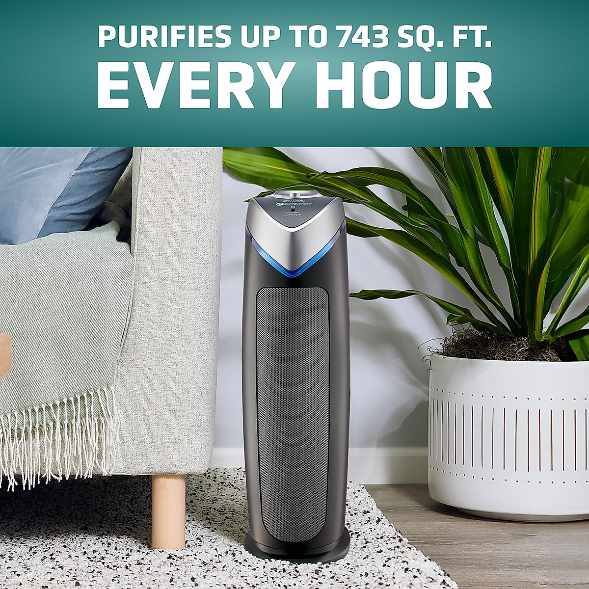 Germ Guardian Air Purifier with HEPA 13 Filter, Removes 99.97% of Pollutants, Covers Large Room up to 743 Sq. Foot Room in 1 Hr, UV-C Light Helps Reduce Germs, Zero Ozone Verified, 22", Black, AC4825E