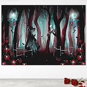 3 x 5 ft Fabric Rose Skeleton Party Backdrop for Halloween Party Decoration Hanging Party Background for Theme Birthday Wedding Engagement Anniversary Party Supplies (7x5 Rose Skeleton Backdrop)