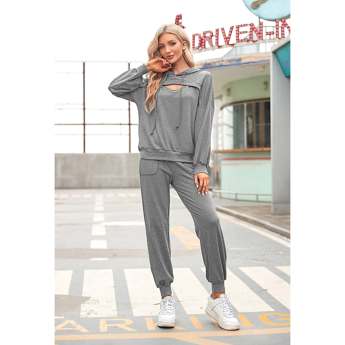 Pink Queen Women's Two Piece Lounge Set Sweatsuits Casual Fall Cutout Pullover Hoodies Tracksuit Ladies Running Active Drawstring Pants With Pockets Light Grey L