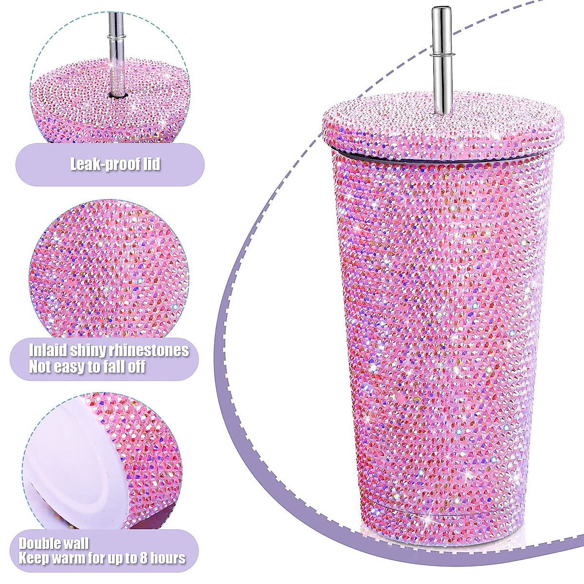 Buyso Studded Diamond Tumbler Bling Rhinestone Glitter Thermal with Lid Reusable Insulated Stainless Steel Bling Premium Vacuum Cup Aesthetic Water Bottle Gift (Pink, 16.9 oz / 500 ml)